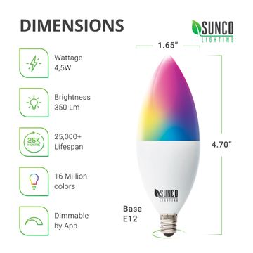 Sunco Lighting 10 Pack WiFi LED Smart Bulb, B11 Candelabra, 4.5W, E12 ...